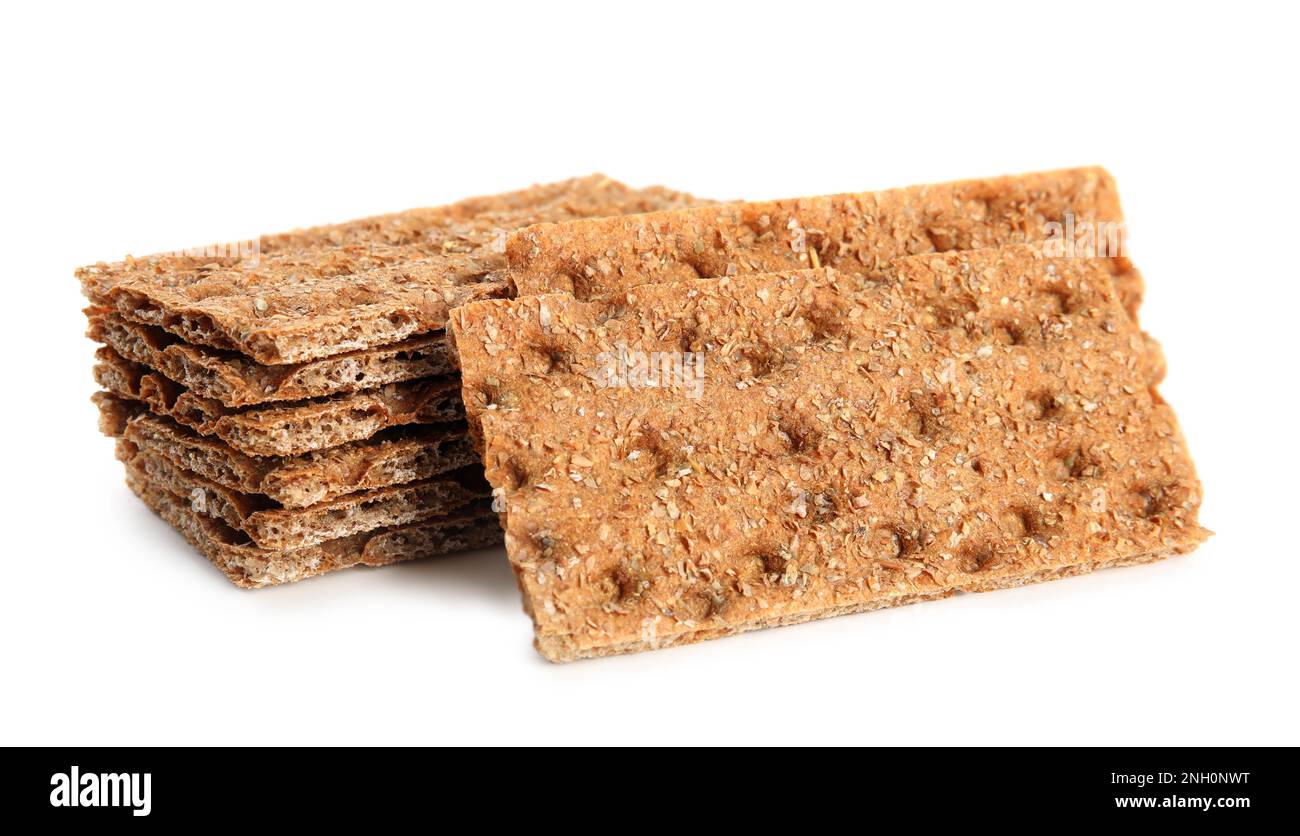 Fresh crunchy rye crispbreads on white background Stock Photo - Alamy