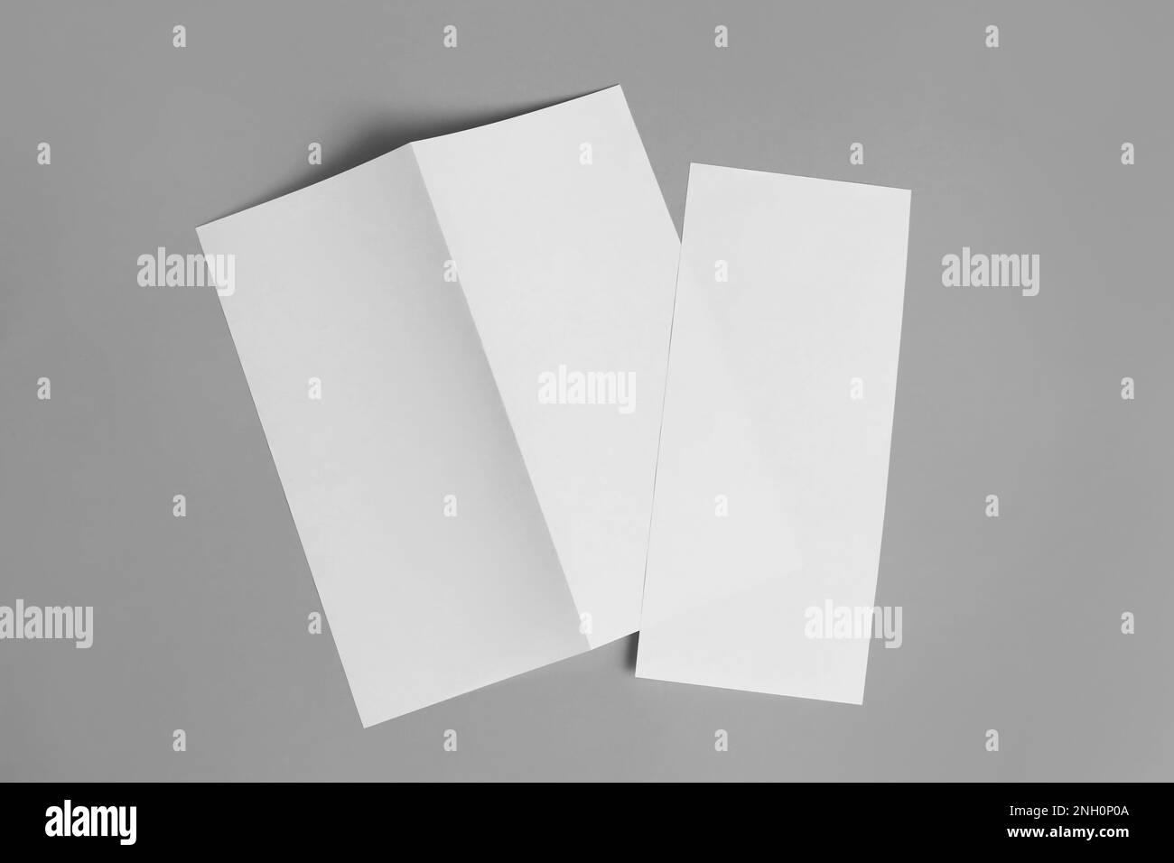Blank paper brochures on light grey background, flat lay. Mockup for ...