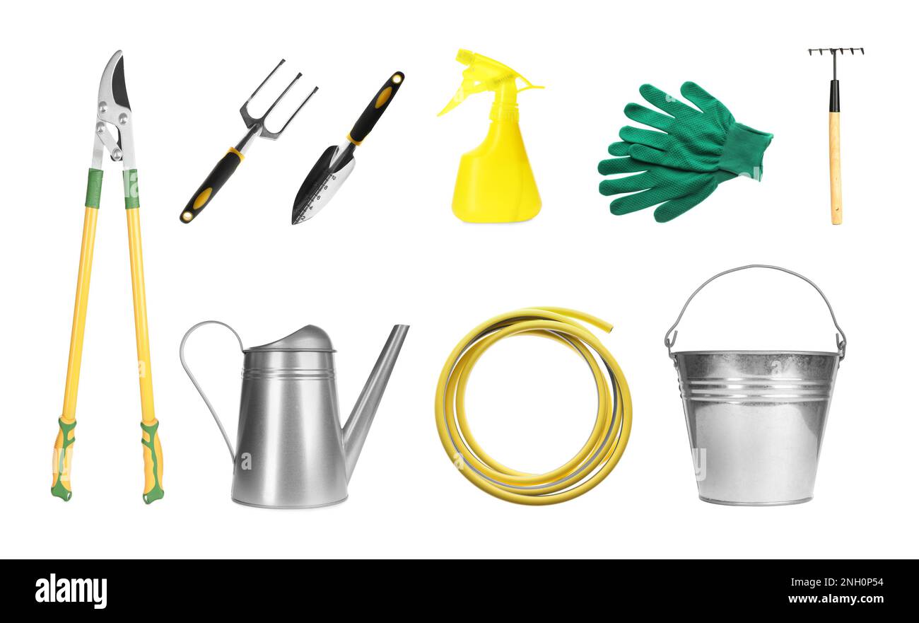 Set with different gardening tools on white background Stock Photo - Alamy