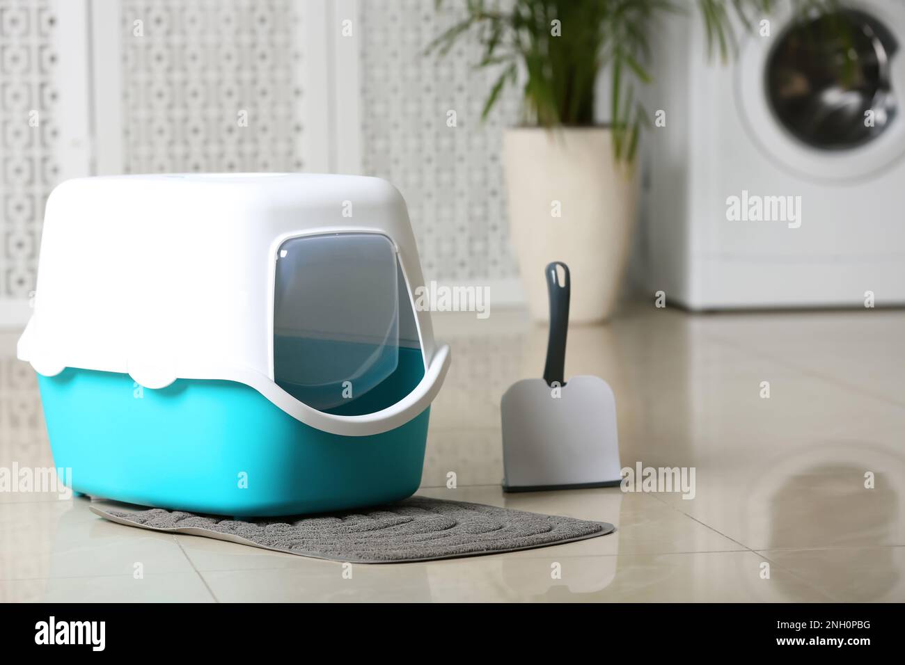 Cat litter box and scoop on floor in bathroom Stock Photo - Alamy