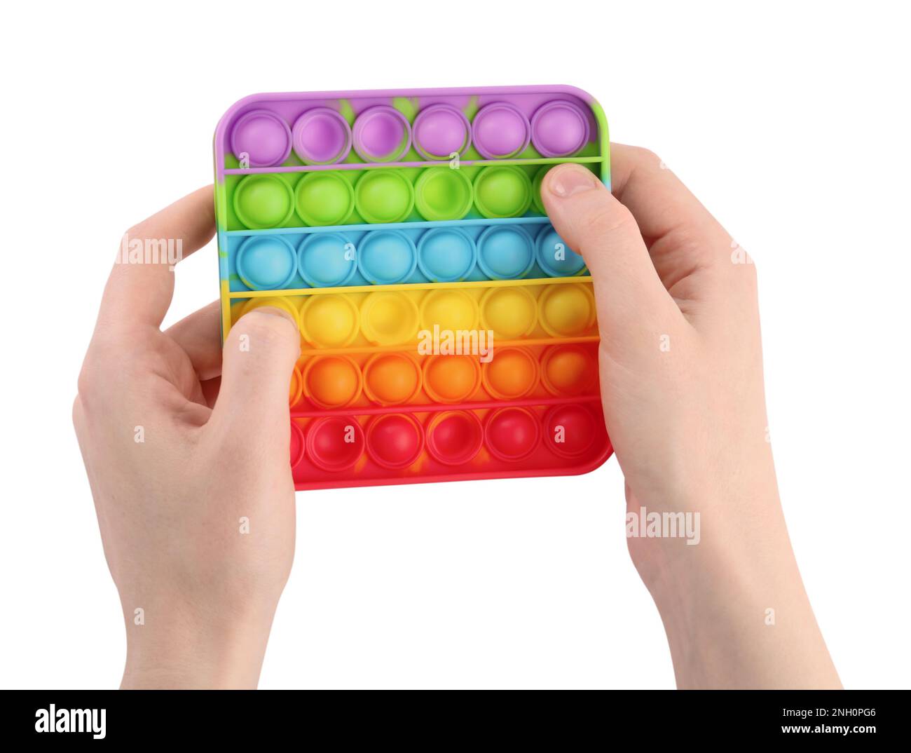 Woman using pop it fidget toy on white background, closeup Stock Photo ...