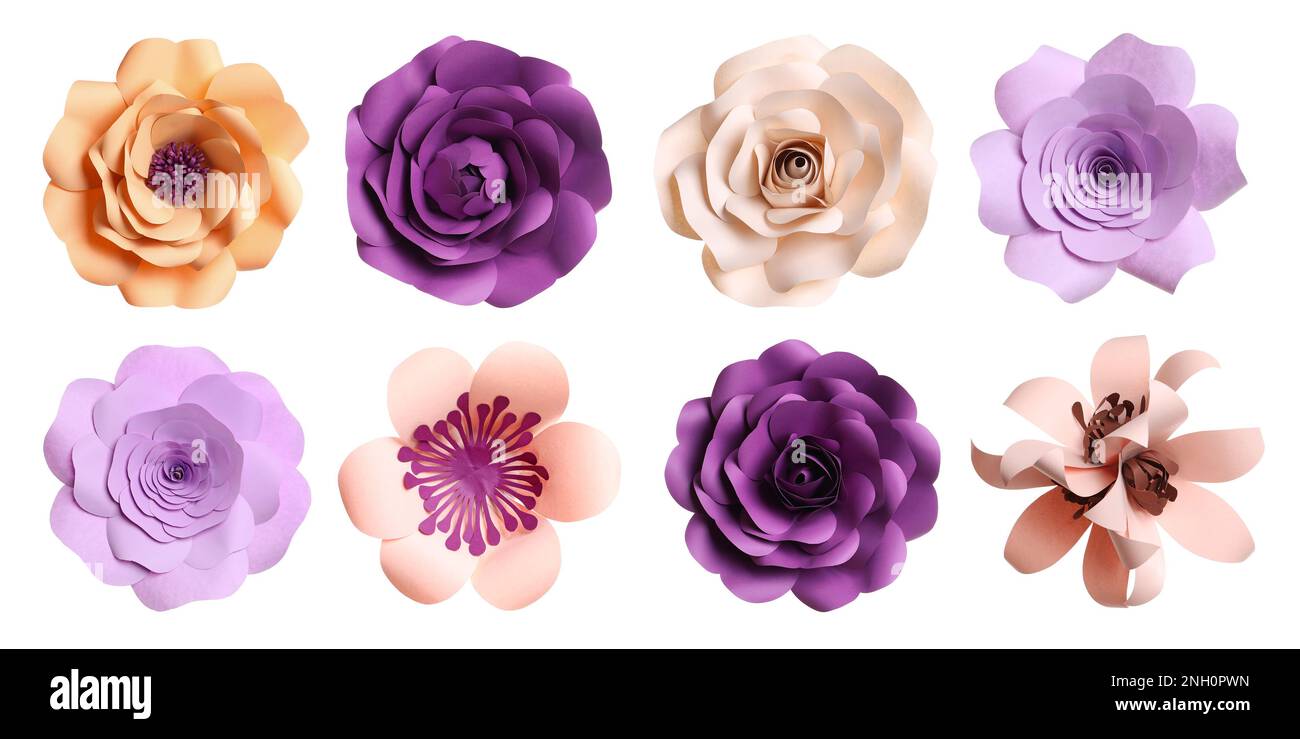 Set with beautiful flowers made of paper on white background, top view ...