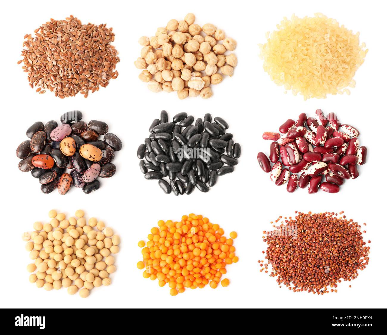 Set with different legumes, grains and seeds on white background, top ...