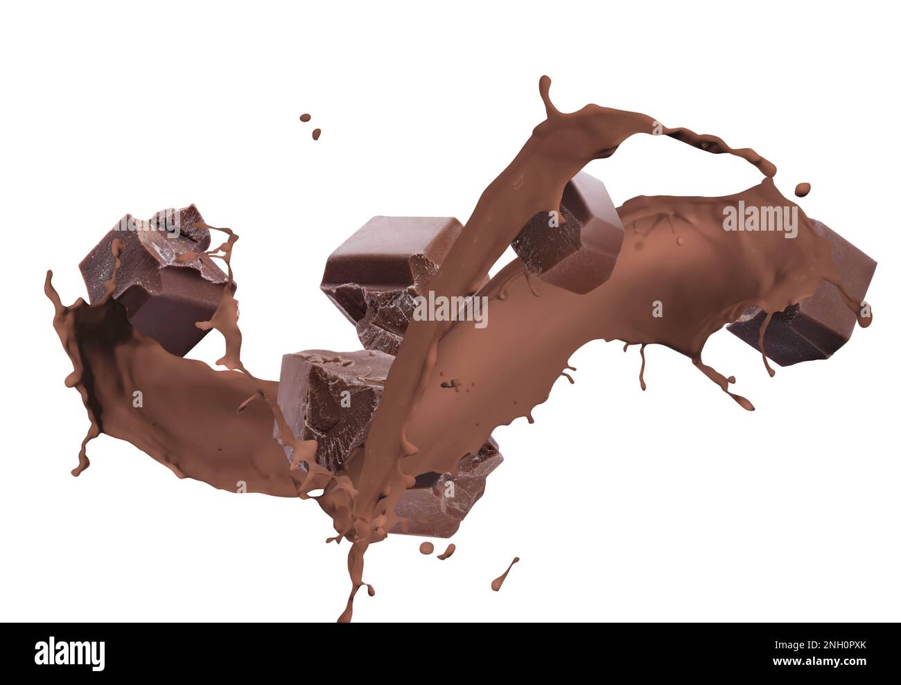 Choco bars and splashes of delicious chocolate milk on white background ...