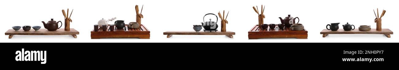 Beautiful sets for traditional tea ceremony on white background ...