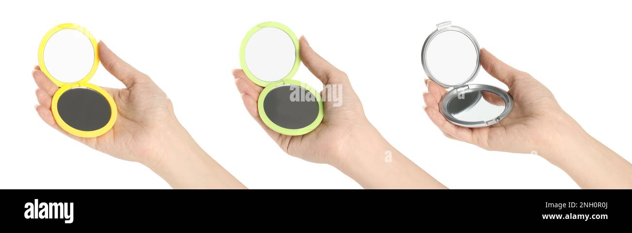 Collage with photos of women holding different pocket mirrors on white ...