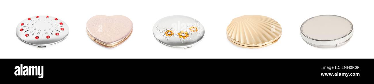 Set with stylish pocket mirrors on white background. Banner design ...