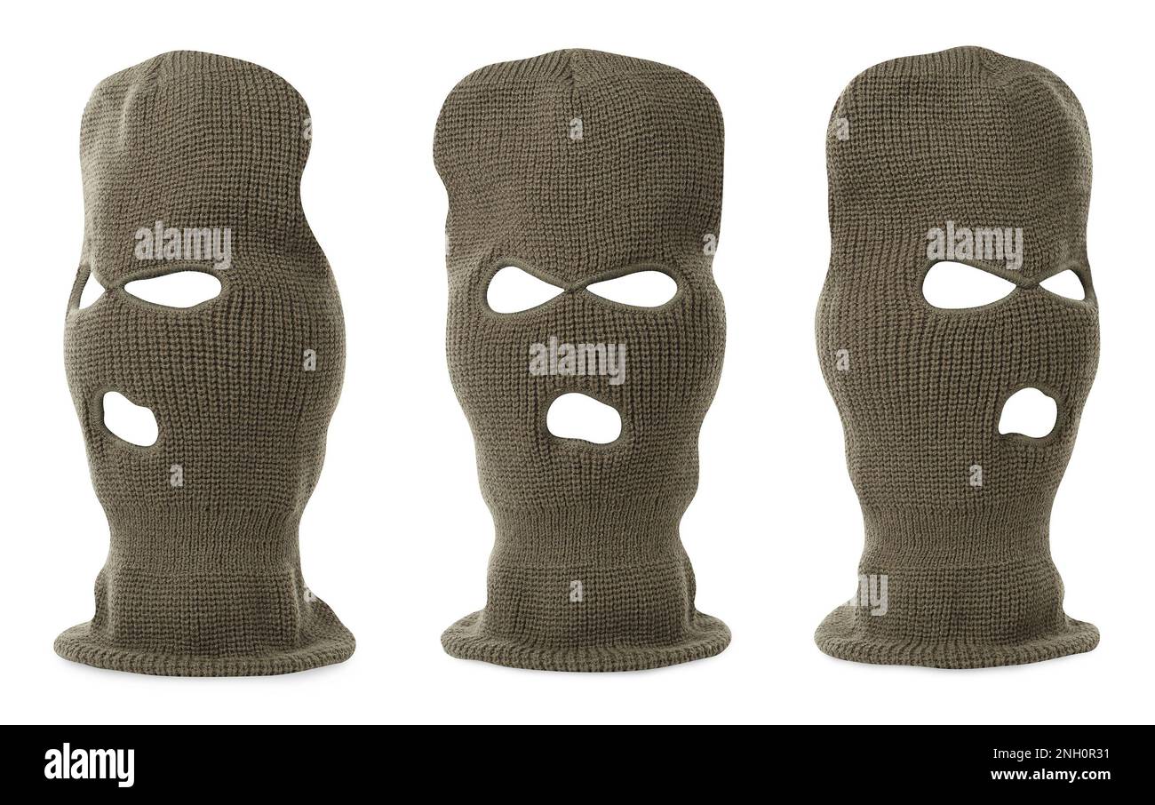 Set with knitted balaclavas on white background Stock Photo - Alamy