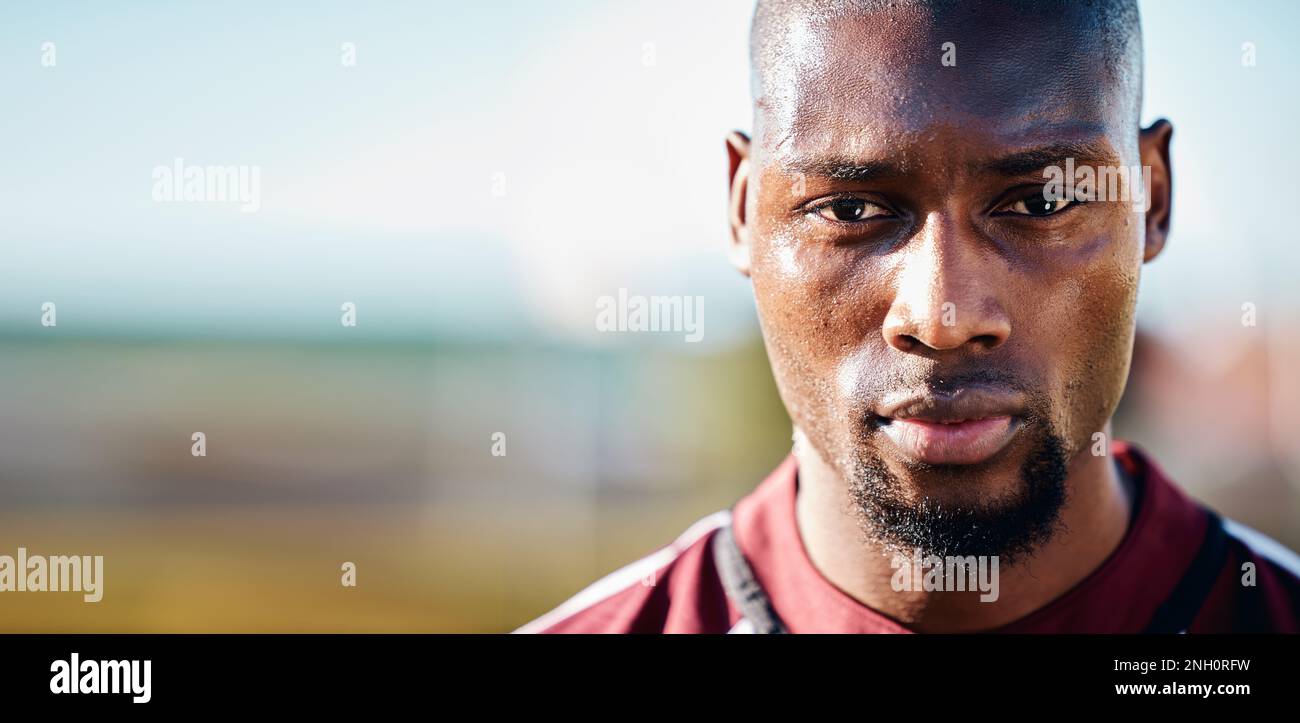 Black man, athlete and face with focus, sport and fitness outdoor with ...