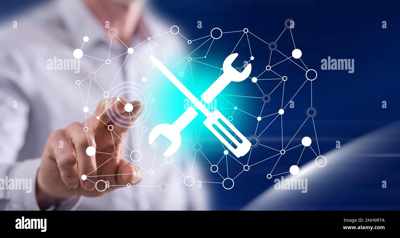 Man touching a maintenance system concept on a touch screen with his ...