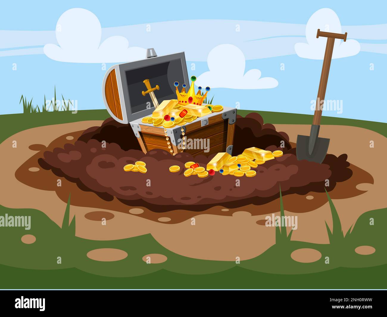 Treasure chest full of treasures, gold coins, Digging Hole in the ...