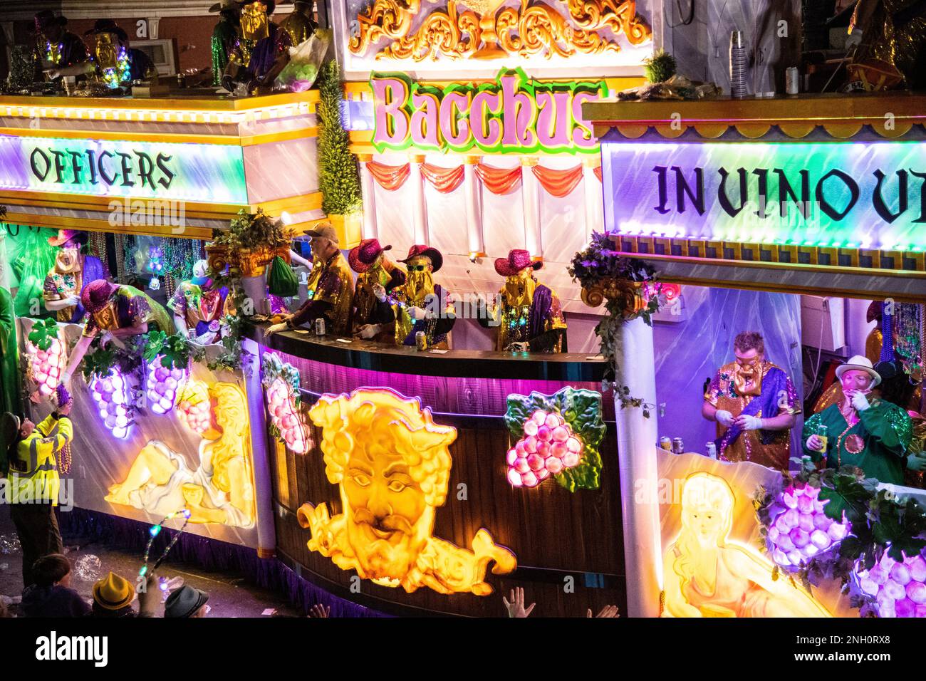 Paradegoers are seen at the Krewe of Bacchus Parade during Mardi Gras ...