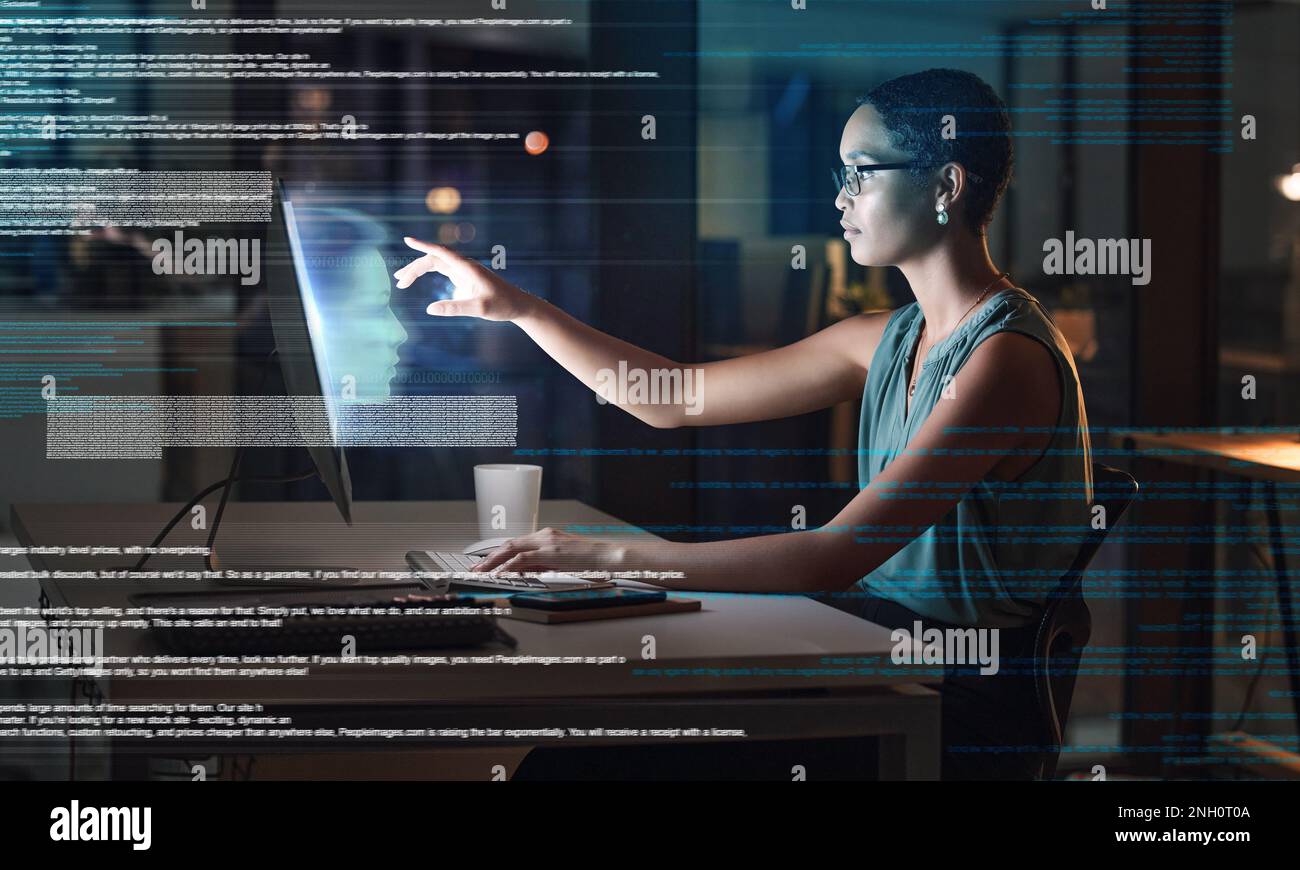 Ai, computer and night with black woman in office for facial ...