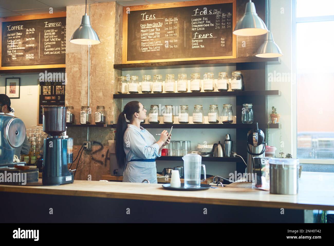 She runs a well-stocked restaurant. a young woman checking the stock in ...