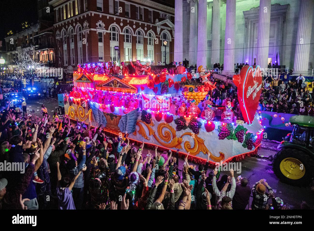 Paradegoers are seen at the Krewe of Bacchus Parade during Mardi Gras ...