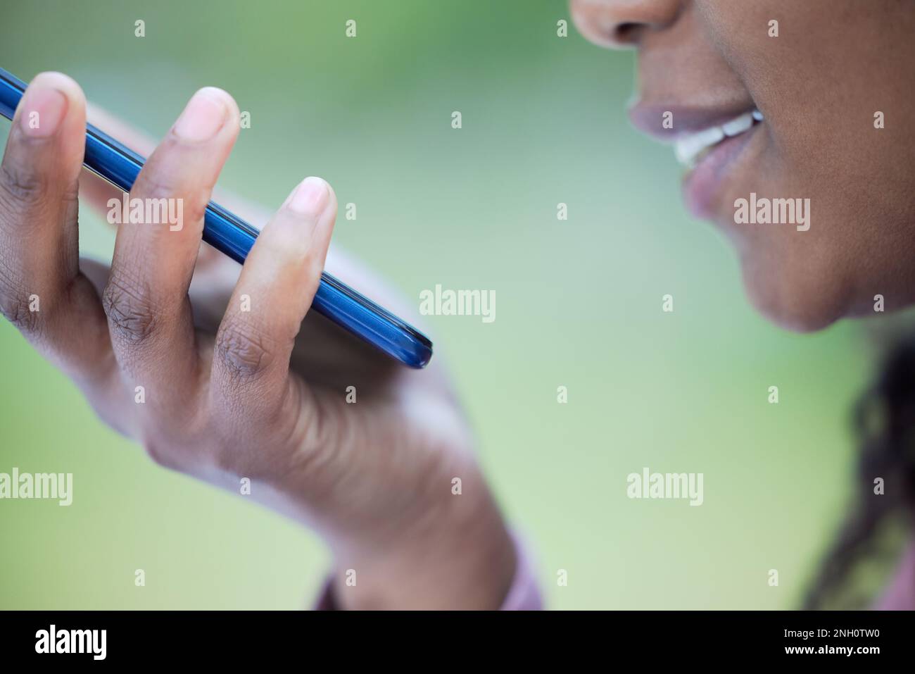Voice memo, black woman hand and face zoom outdoor on mobile connection ...