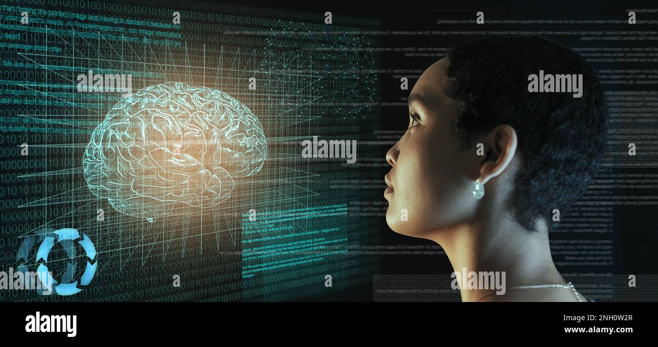 Screen, code and ai, brain hologram and black woman, programming with ...