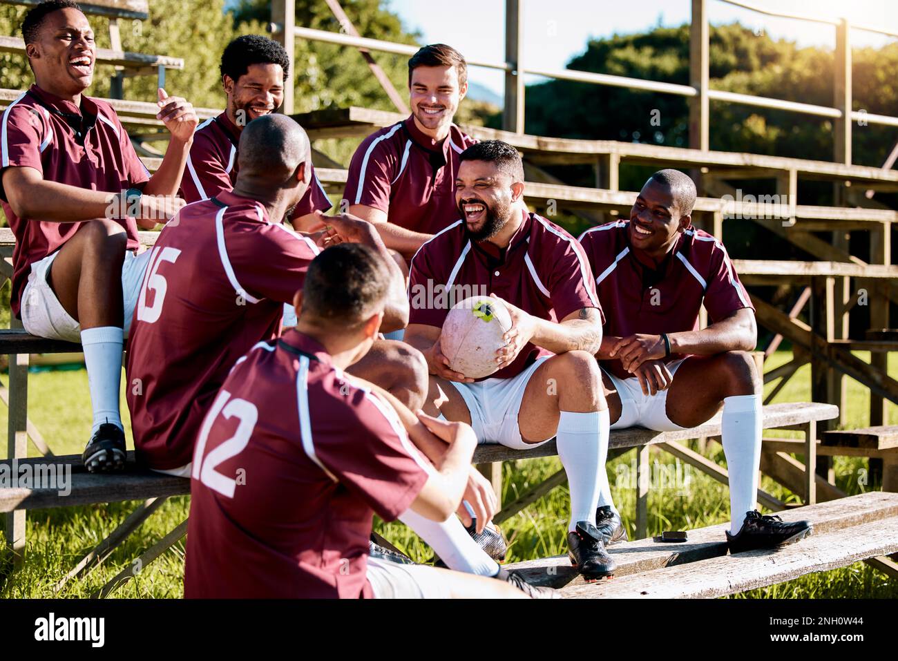Sports, smile and rugby team on field ready for exercise, training and ...