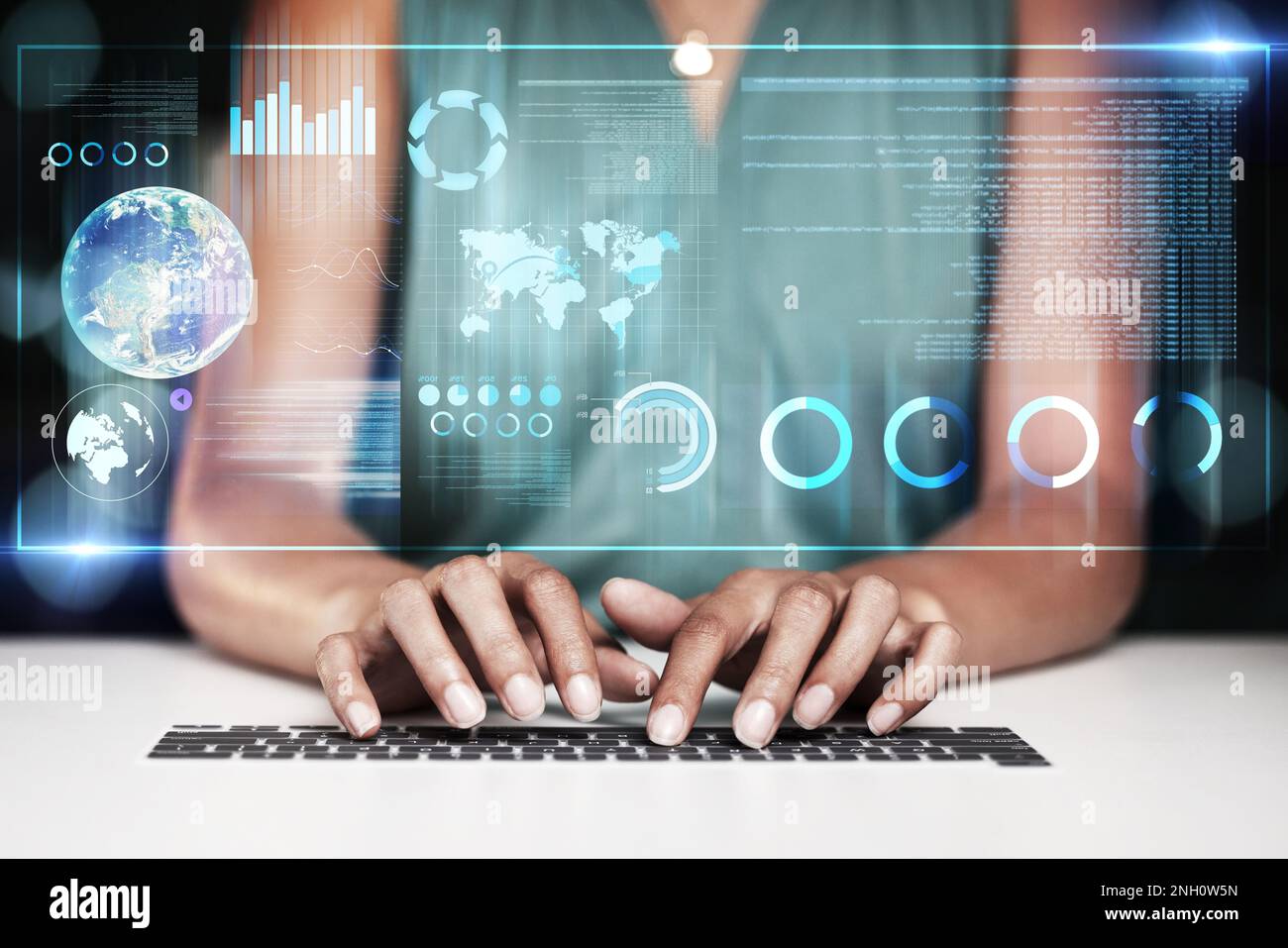 Computer keyboard hologram, hands typing and woman review finance chart ...