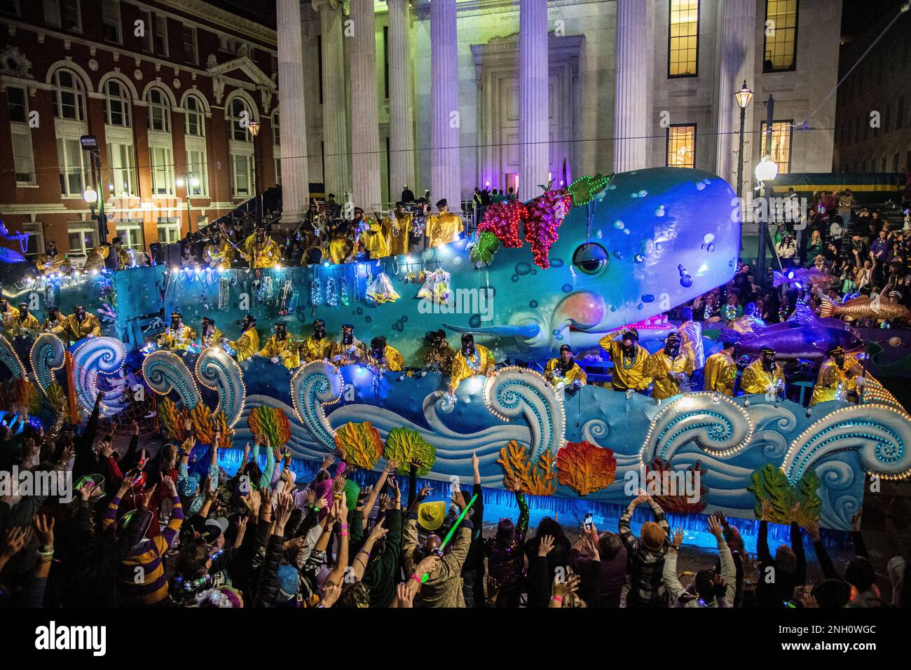 Paradegoers are seen at the Krewe of Bacchus Parade during Mardi Gras ...