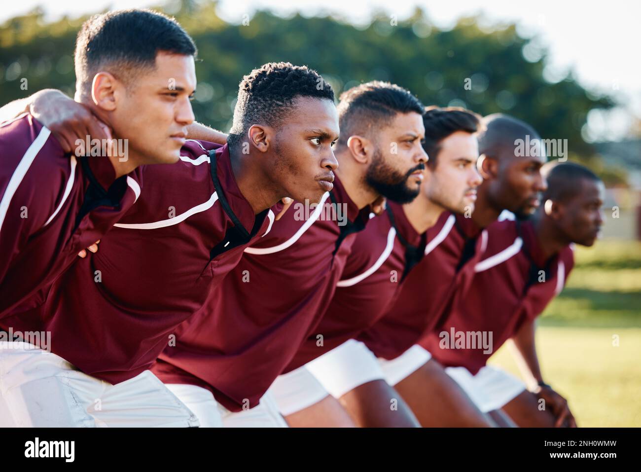 Man, huddle and team scrum for sports coordination, collaboration or ...