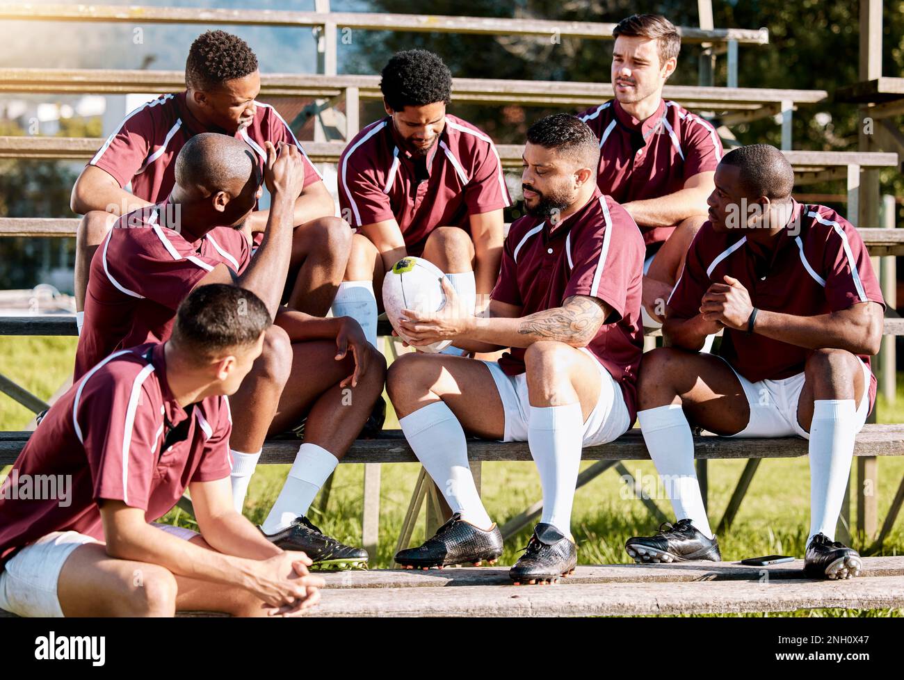 Sports, fitness and rugby team with ball ready for exercise, training ...