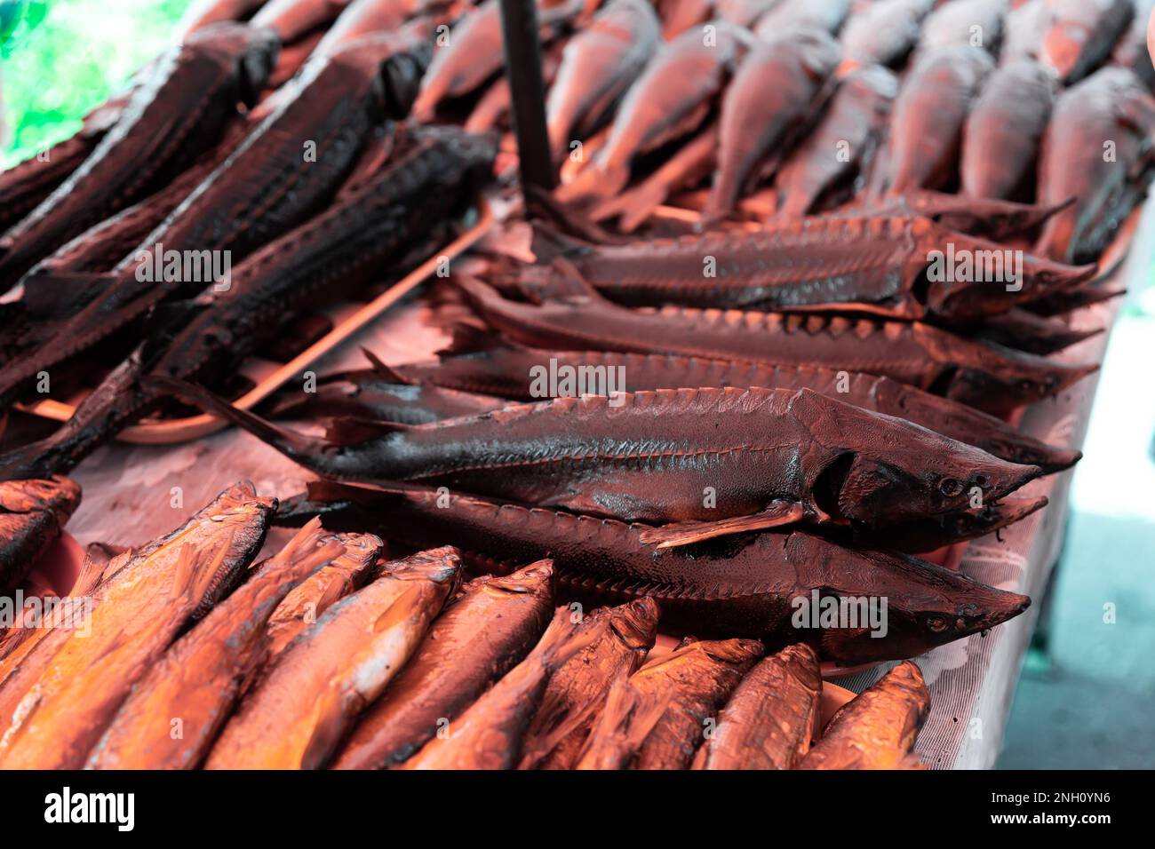 Smoked fish on the shelves of the Volga region Stock Photo - Alamy