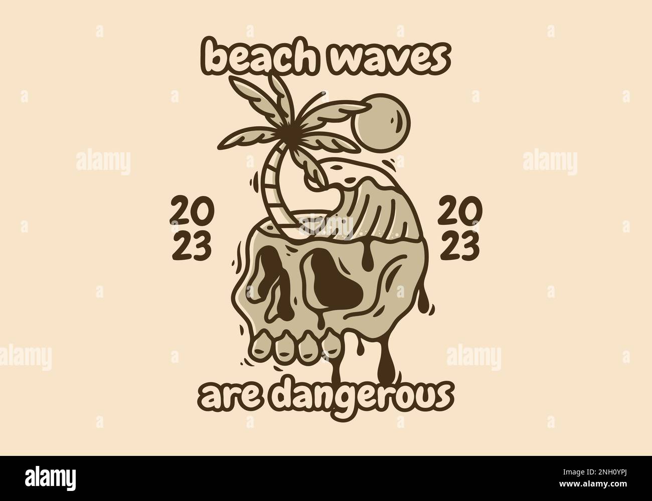 Abstract art illustration drawing of a skull with beach waves and ...