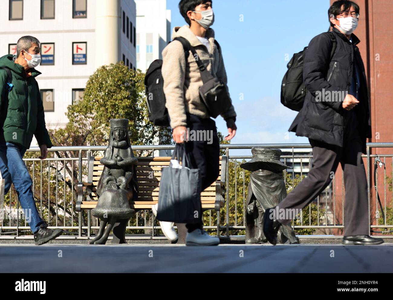 A photo shows statues of Maetel (L) and Tetsuro near Kokura Station in ...