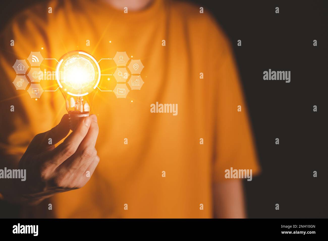 Businessman hand hold lightbulb,Science communication. Global Internet ...