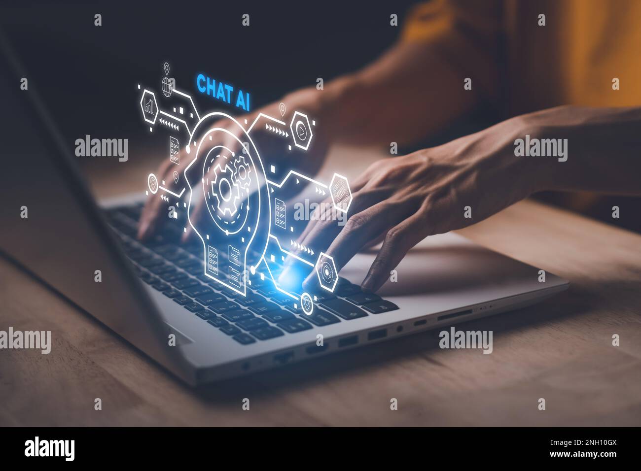 Chatbot growing with artificial intelligence or AI. Businessman using ...