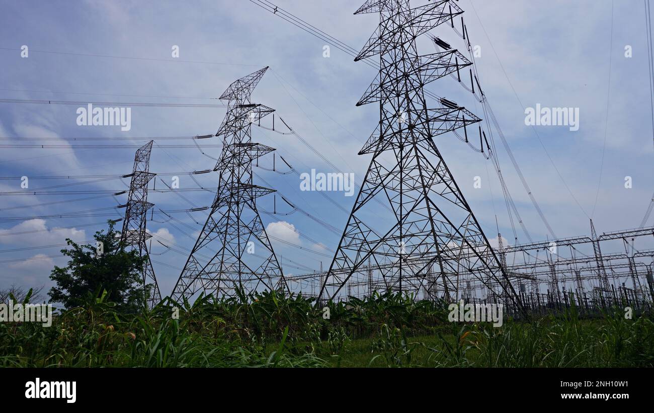 Landscape clouds sky above electric tower and electric power station at ...