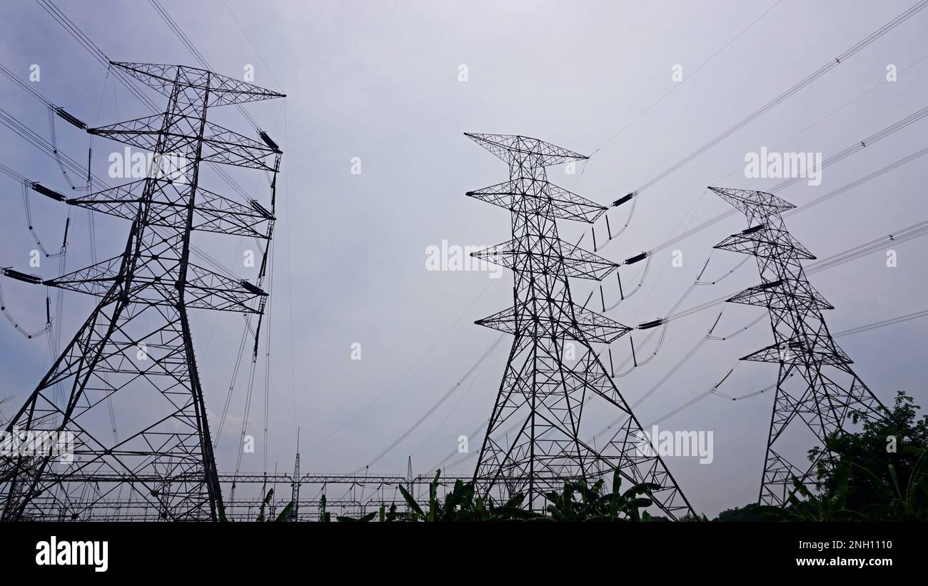 Landscape clouds sky above electric tower and electric power station at ...