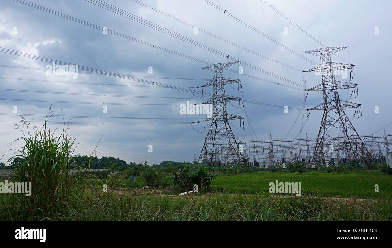 Landscape clouds sky above electric tower and electric power station at ...