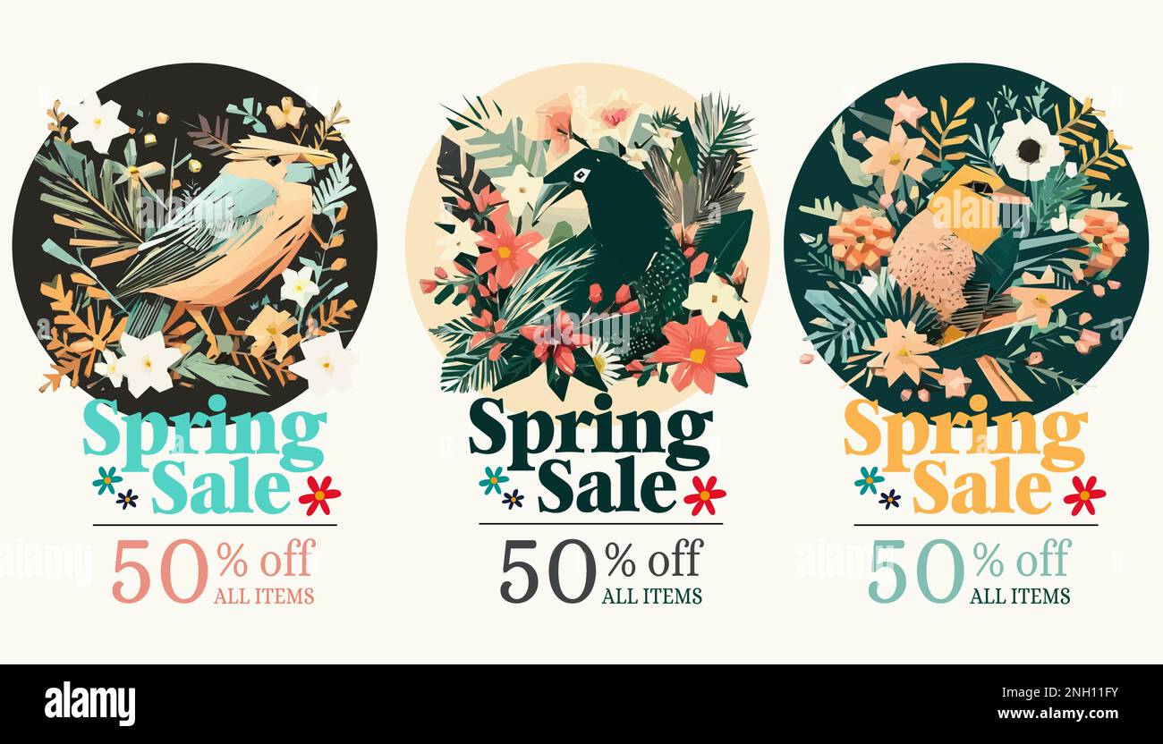 Spring sale illustration set with tropical flowers and birds. Vector ...