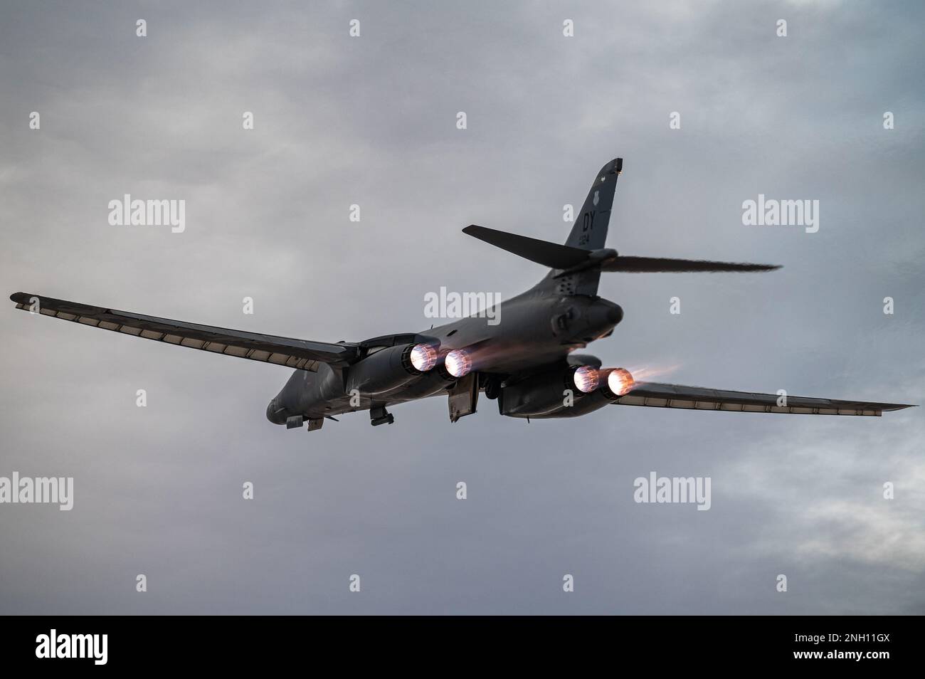 A B-1B Lancer takes off for a Weapons School Integration mission at Nellis Air Force Base ...
