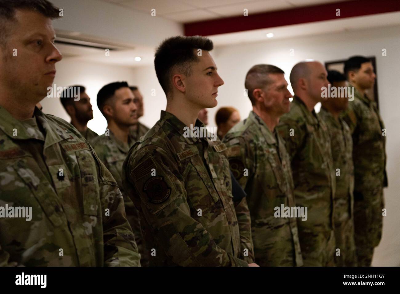 Members of NATO countries stand in formation during a ceremony held for ...