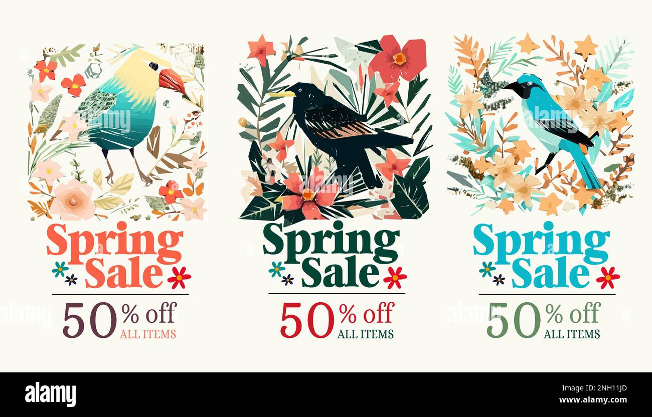 Spring sale illustration set with tropical flowers and birds. Vector ...
