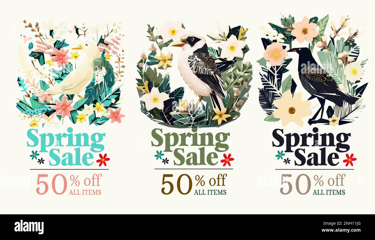 Spring sale illustration set with tropical flowers and birds. Vector ...