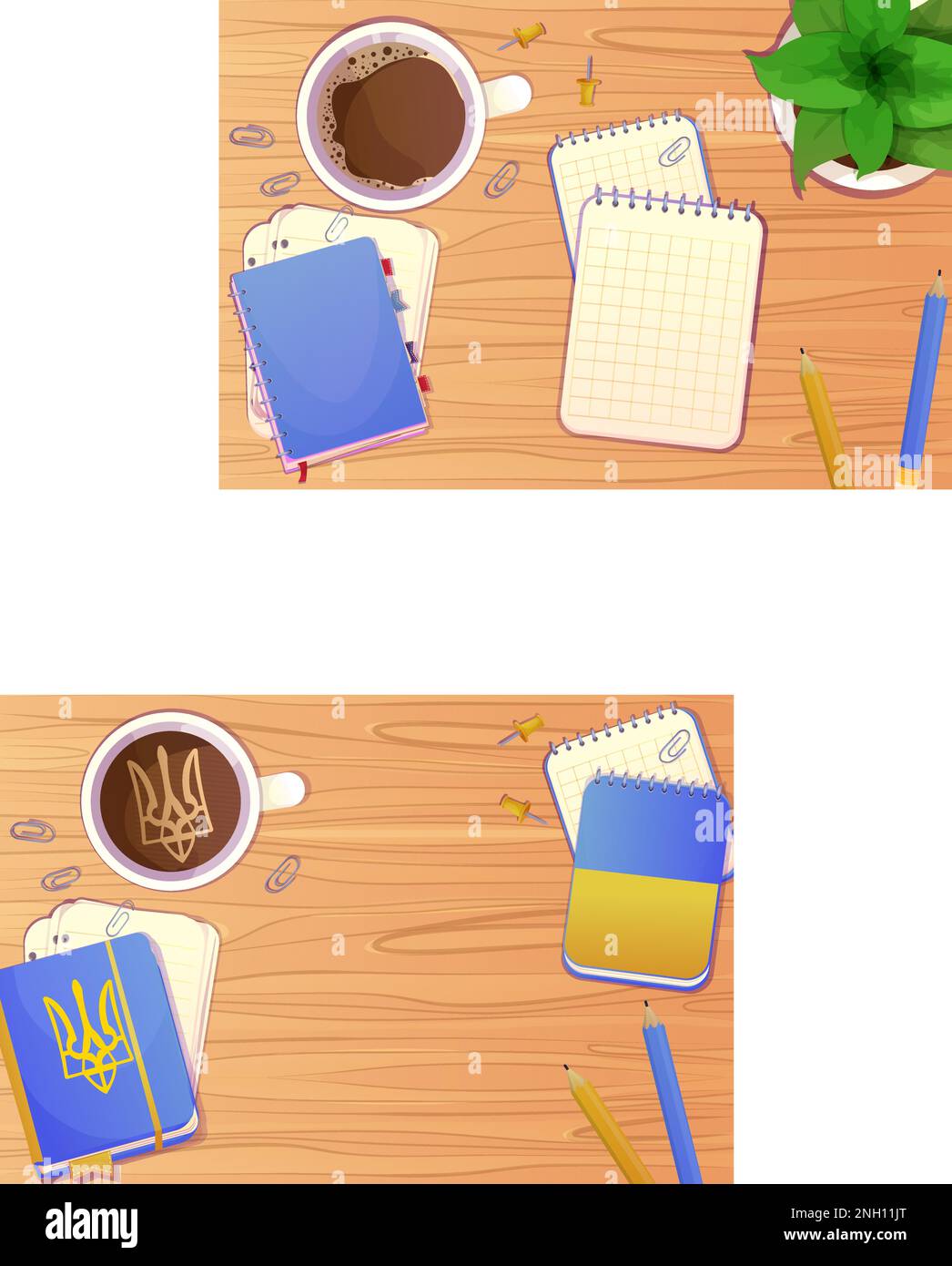 Workplace with stationary, cup with coffee, notebook, paper notes top ...