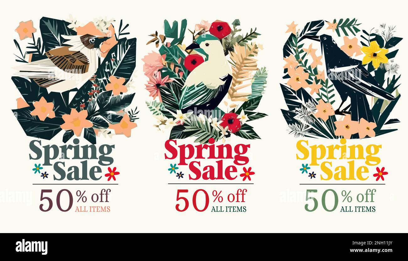 Spring sale illustration set with tropical flowers and birds. Vector ...