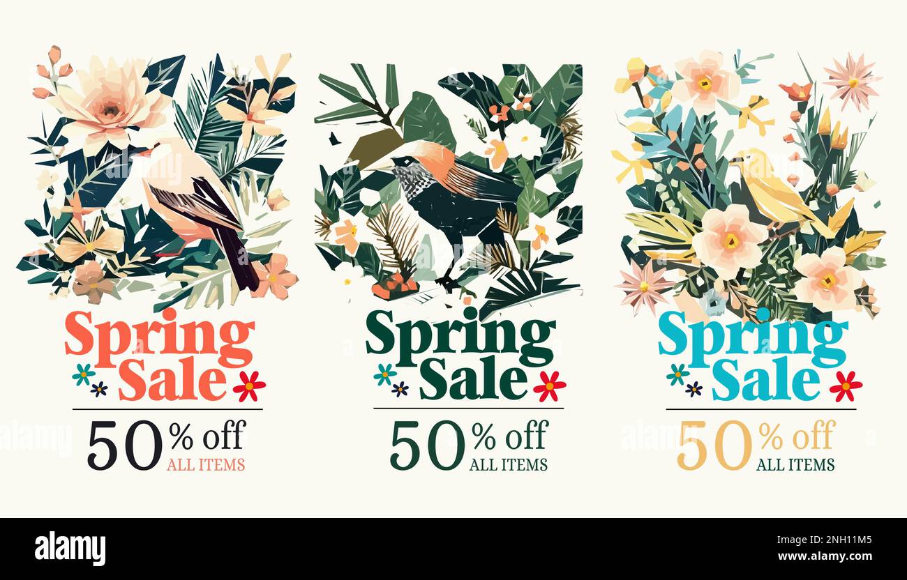 Spring sale illustration set with tropical flowers and birds. Vector ...
