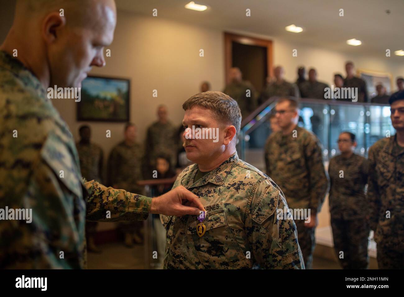 Gunnery Sgt. Louis M. Nokes is awarded the Purple Heart at Marine Corps ...