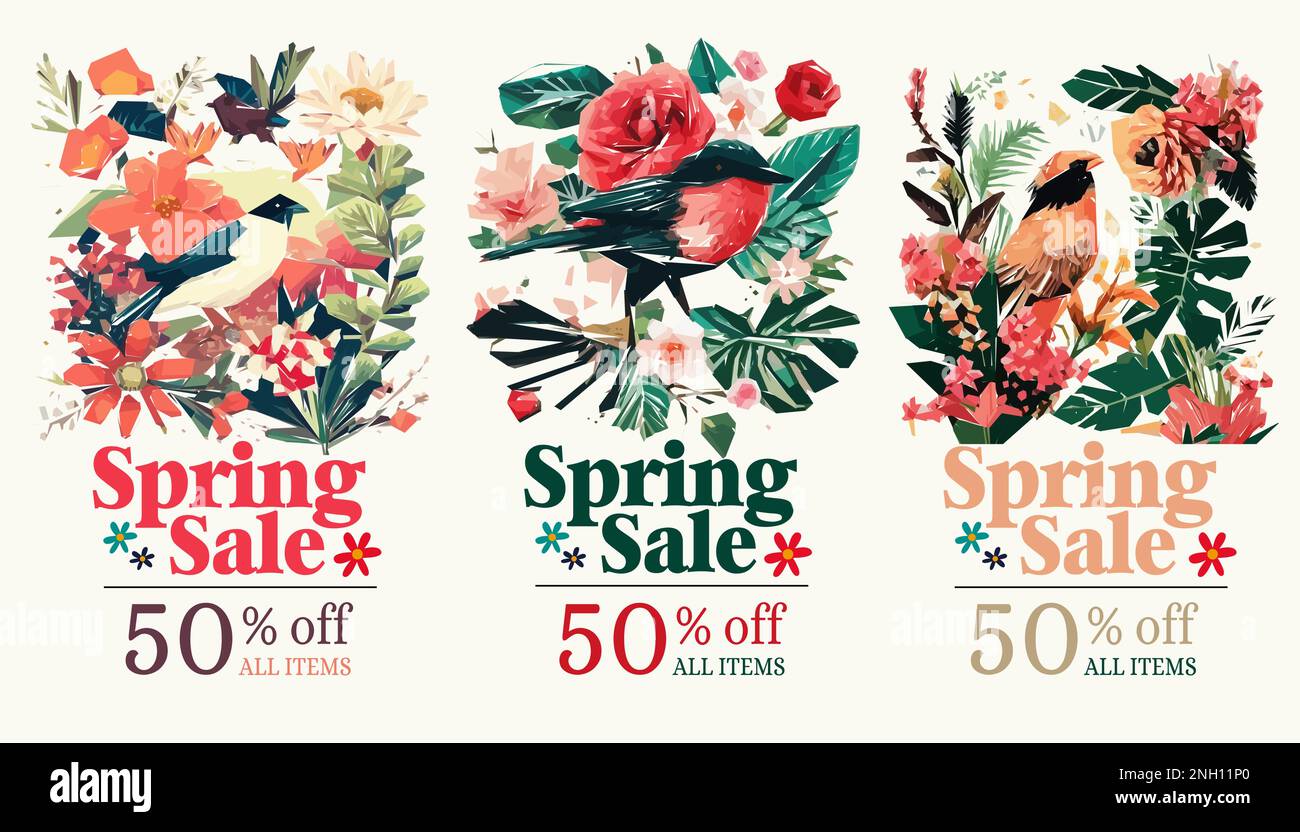 Spring sale illustration set with tropical flowers and birds. Vector ...