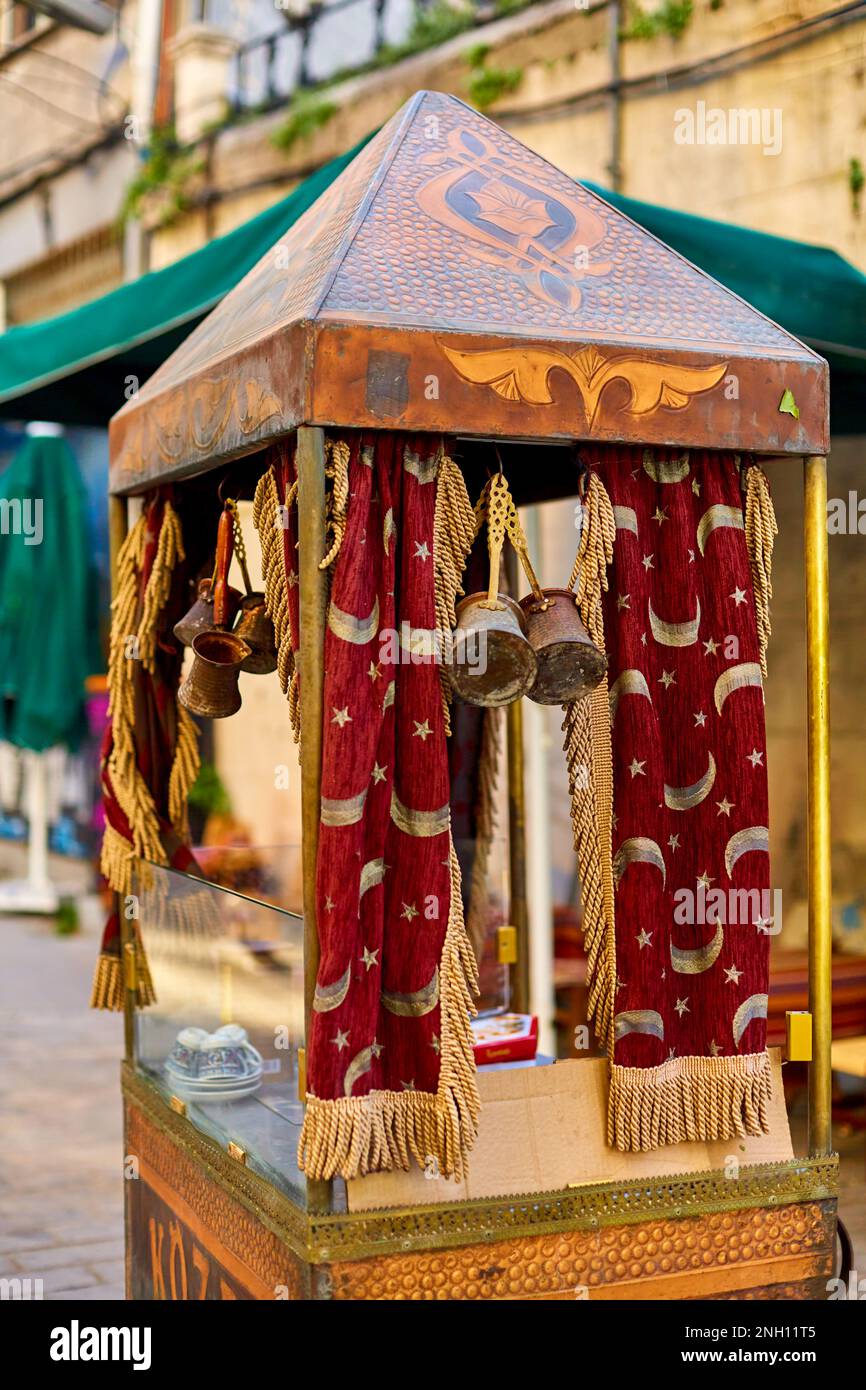 A traditional street kiosk in Turkey selling coffee brewed in cezve on ...