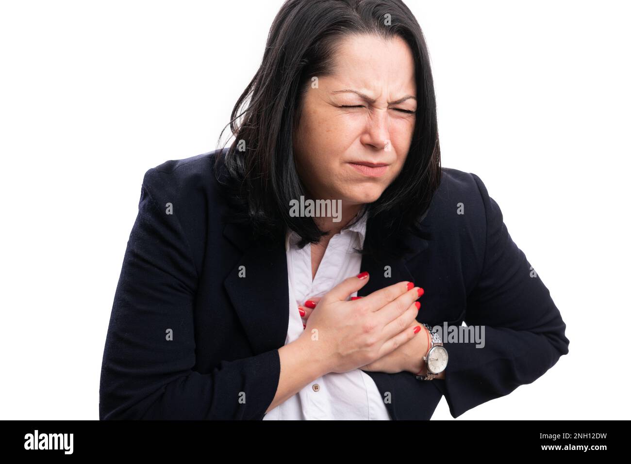 Adult female entrepreneur with cardiac health problems touching chest ...