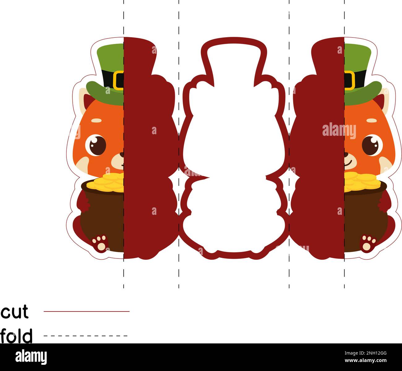 Cute red panda in green leprechaun hat holds bowler with gold coins ...