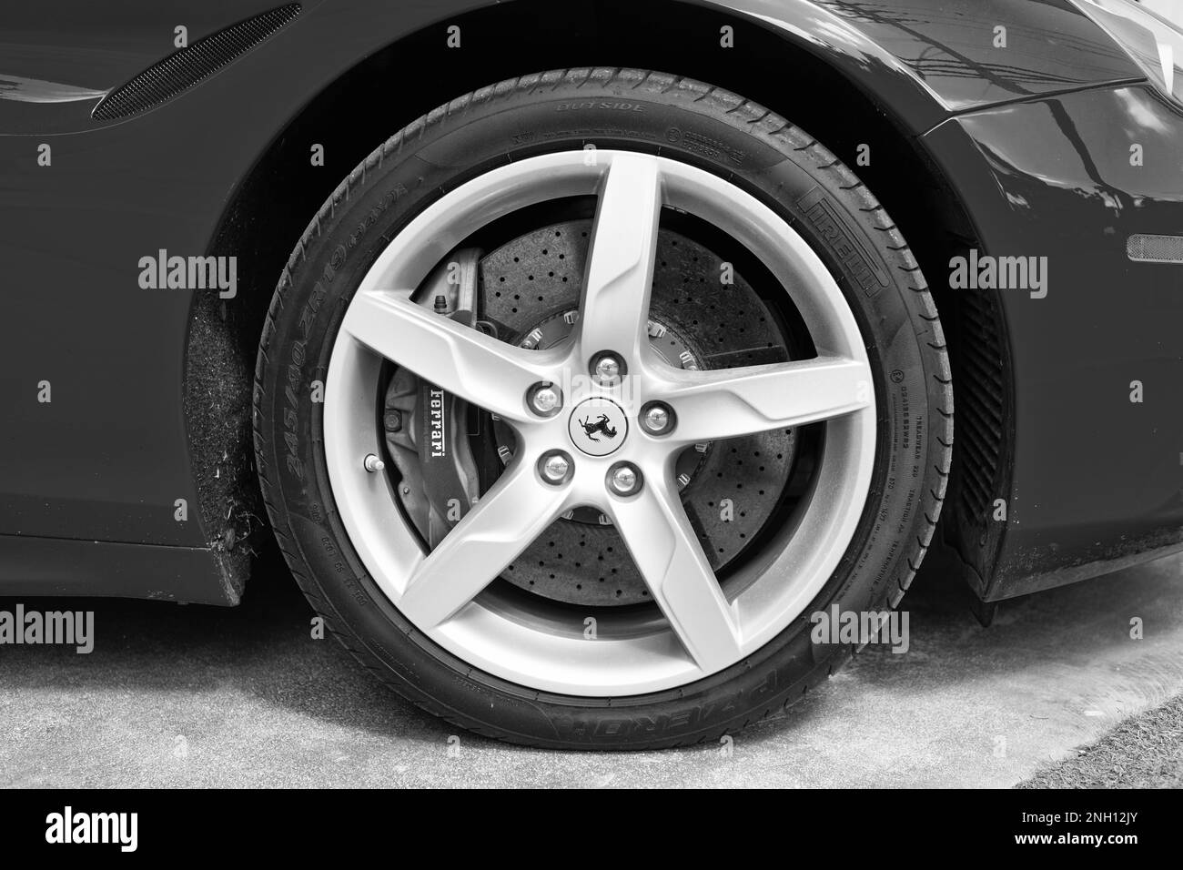 Miami Beach, Florida USA - April 15, 2021: red Ferrari wheel tire with ...