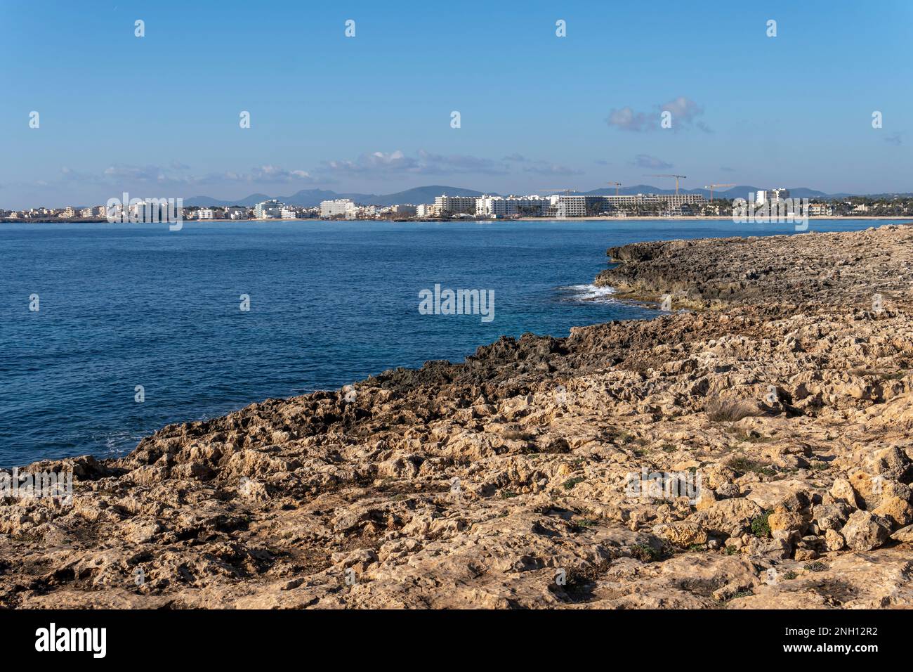 General view of the rocky coast of the Mallorcan tourist resort of Sa ...