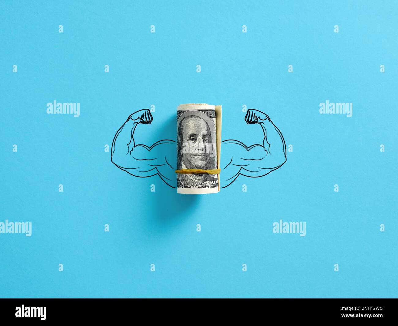 Bunch of United States dollar money with flexing muscle biceps on blue ...
